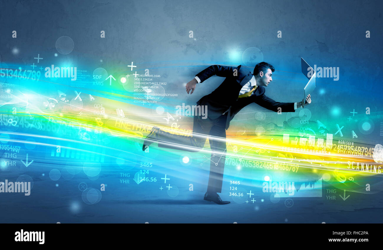 Business man running in high tech wave concept Stock Photo - Alamy