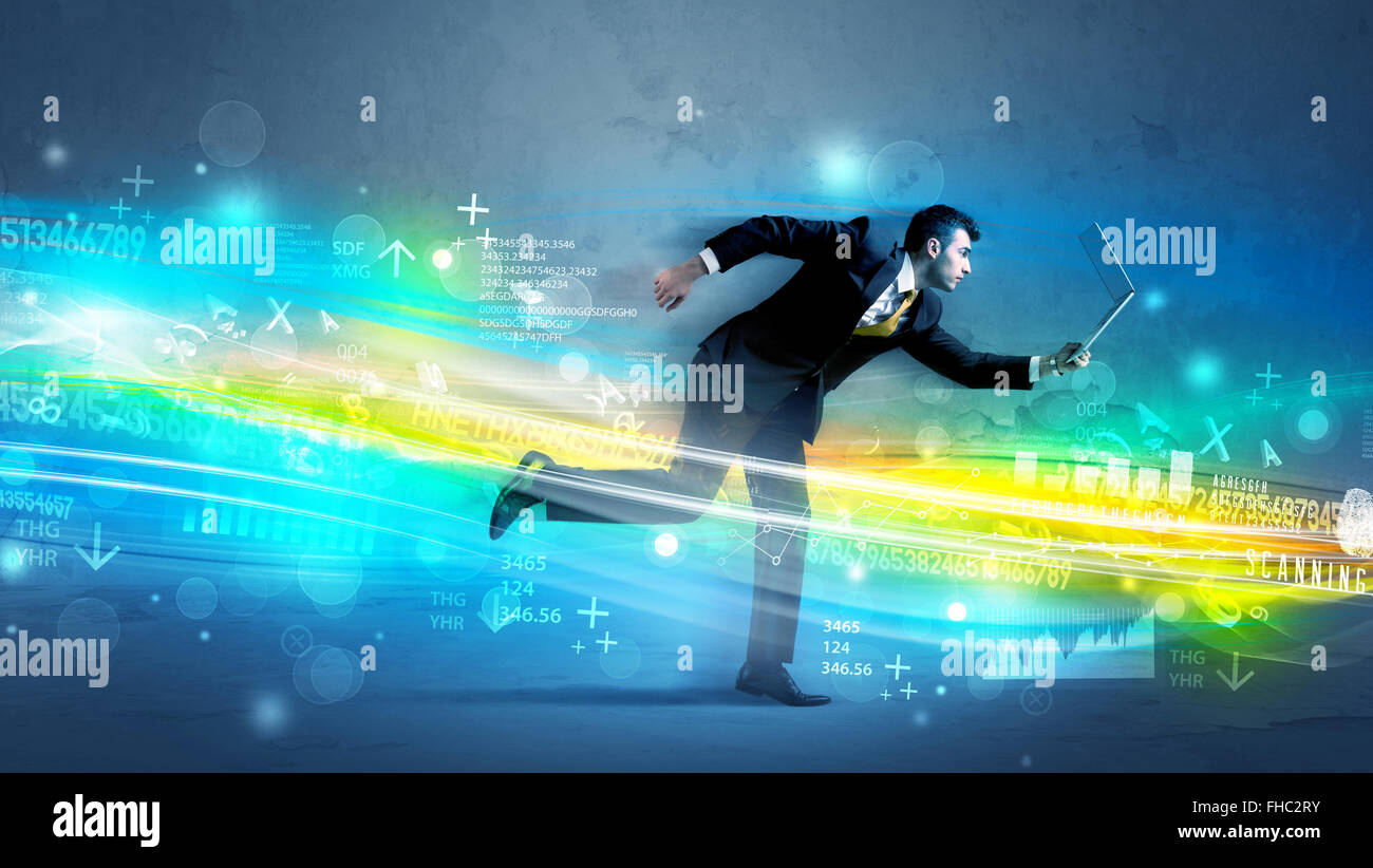 Business man running in high tech wave concept Stock Photo - Alamy