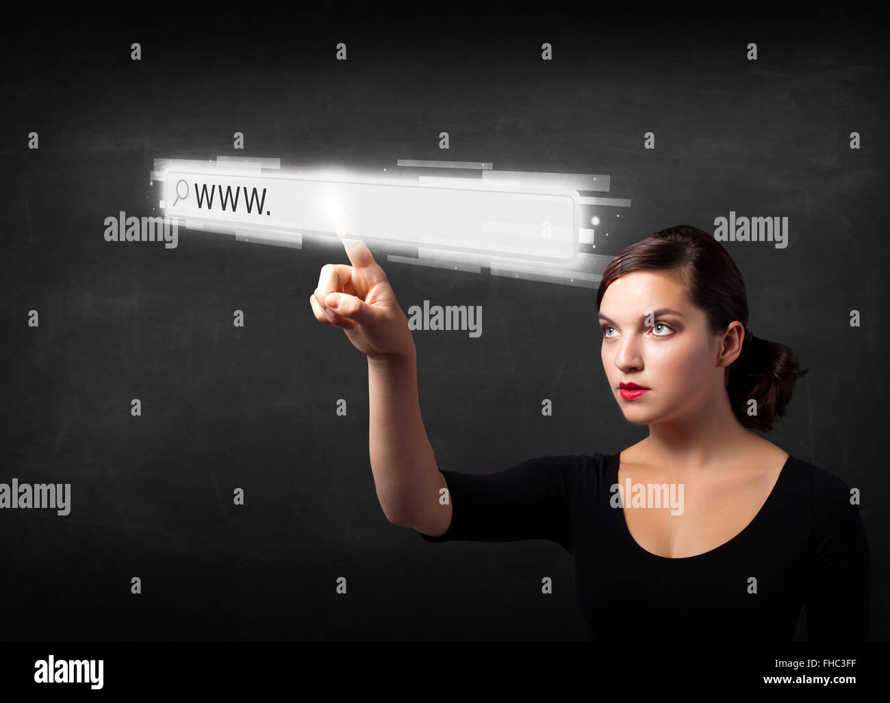 Young businesswoman touching web browser address bar with www sign ...
