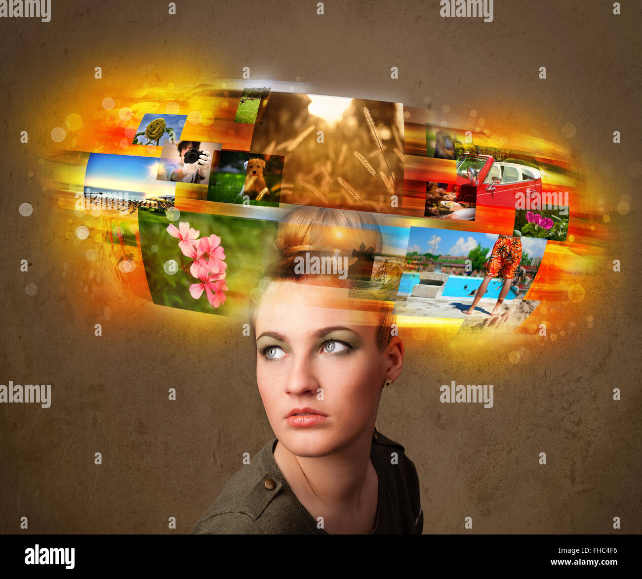girl with colorful glowing photo memories concept Stock Photo - Alamy