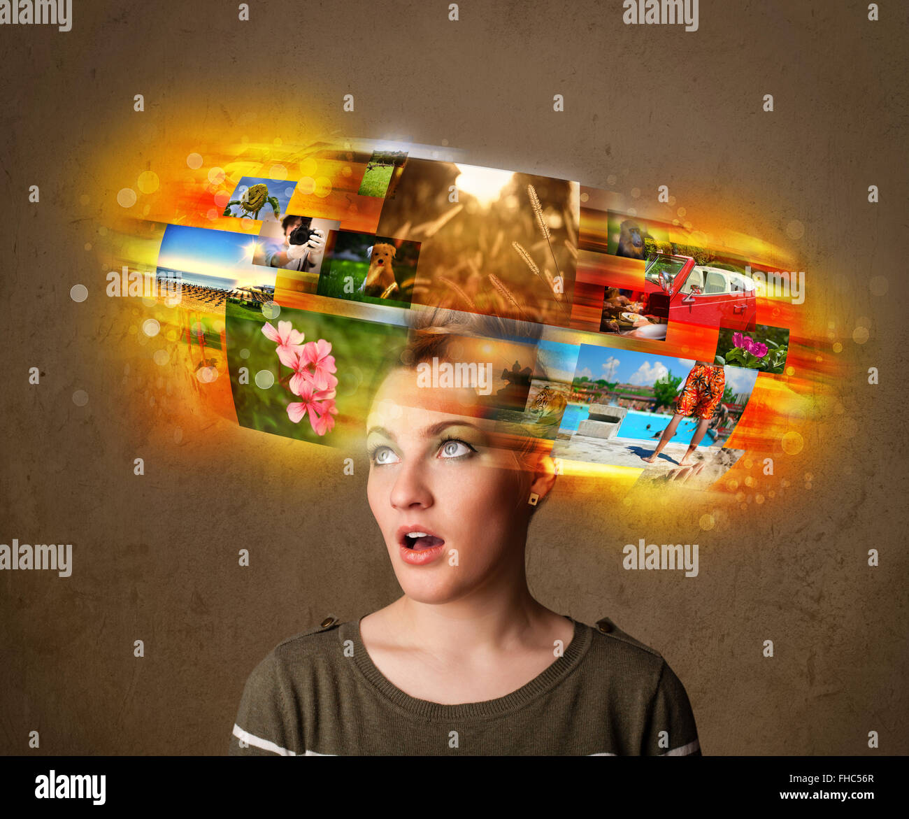 girl with colorful glowing photo memories concept Stock Photo - Alamy