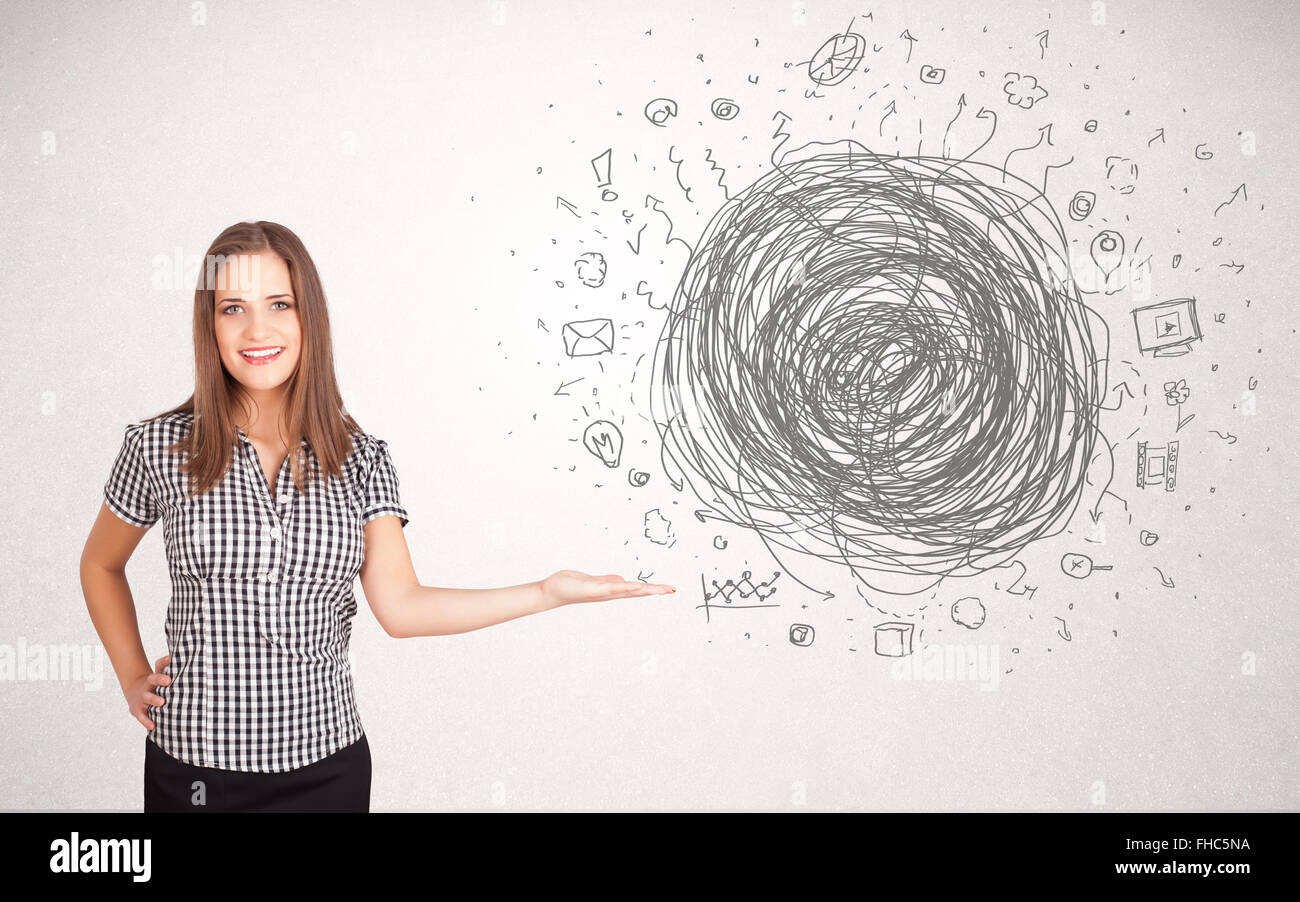 Young business woman with media doodle scribble Stock Photo - Alamy