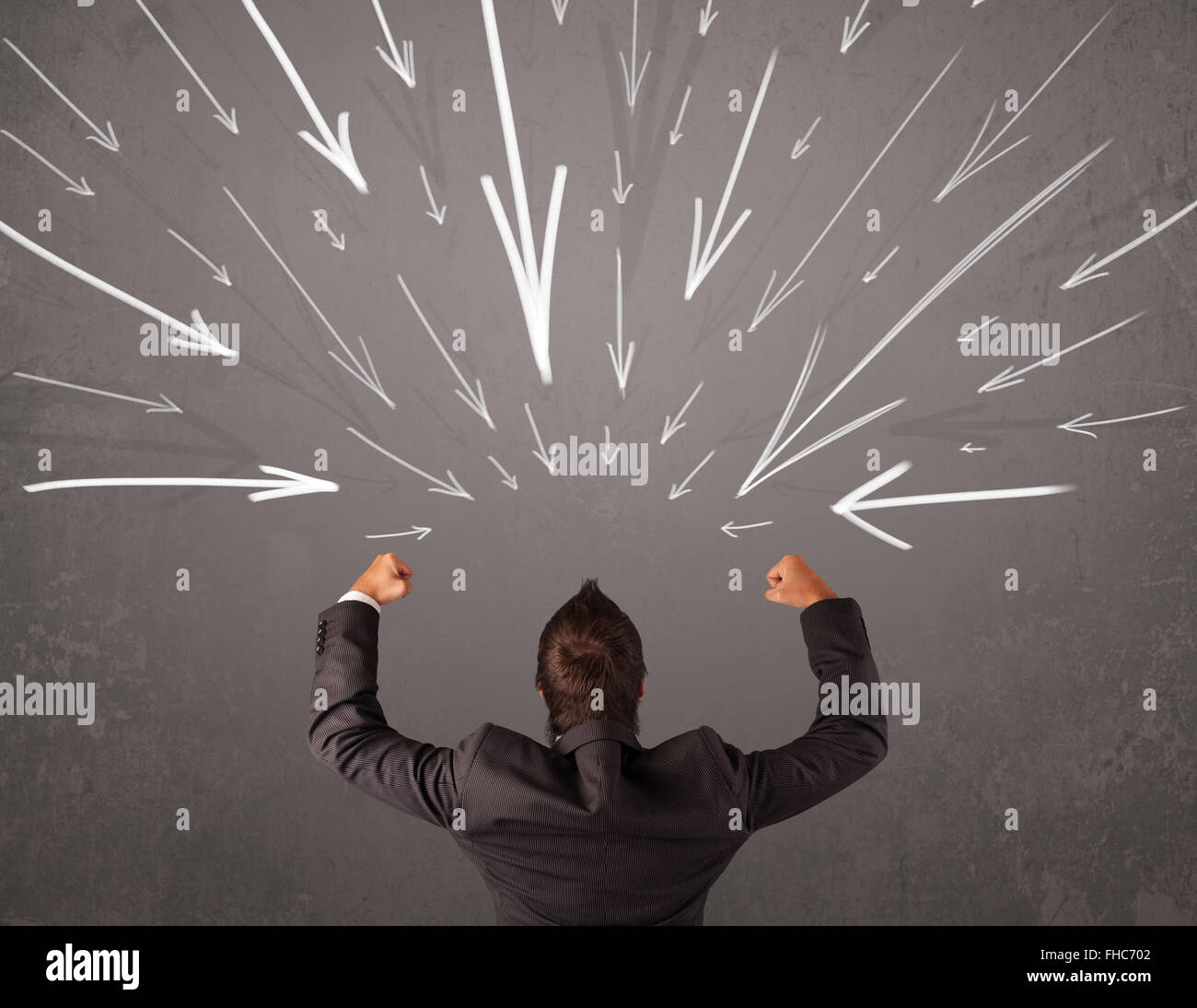 Business man with hand drawn arrows pointing at his head Stock Photo ...