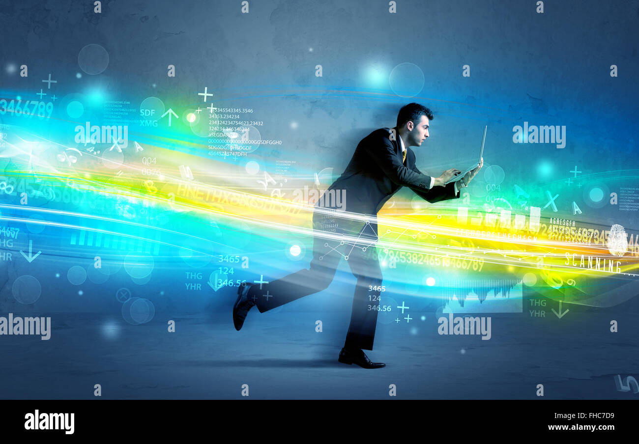 Business man running in high tech wave concept Stock Photo - Alamy