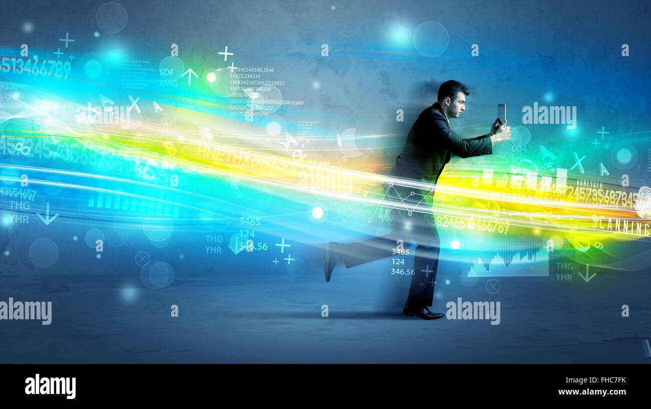 Business man running in high tech wave concept Stock Photo - Alamy