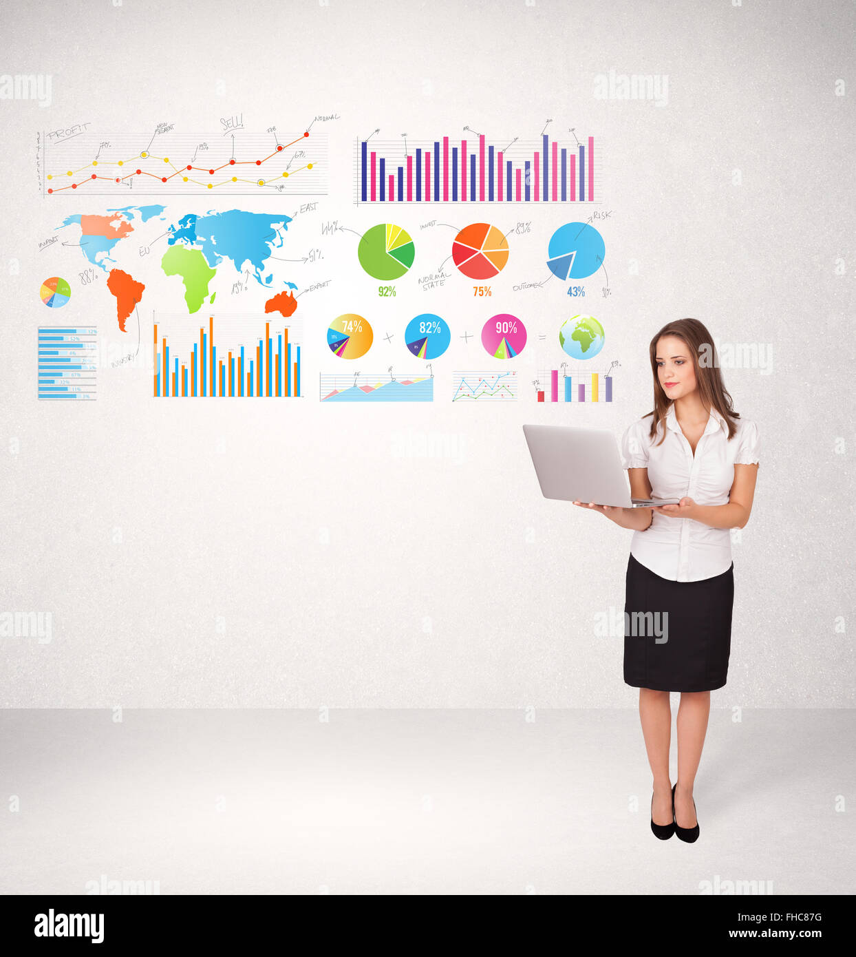 Business woman with colorful graphs and charts Stock Photo - Alamy