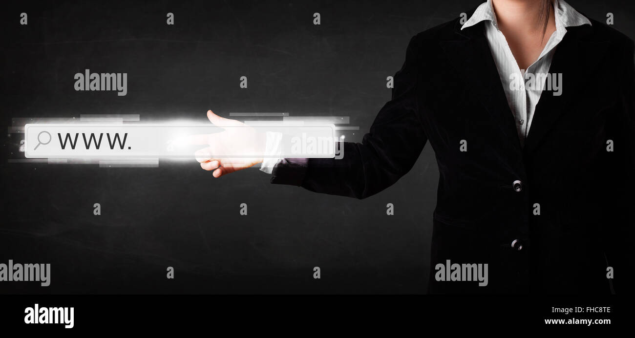 Young businesswoman touching web browser address bar with www sign ...