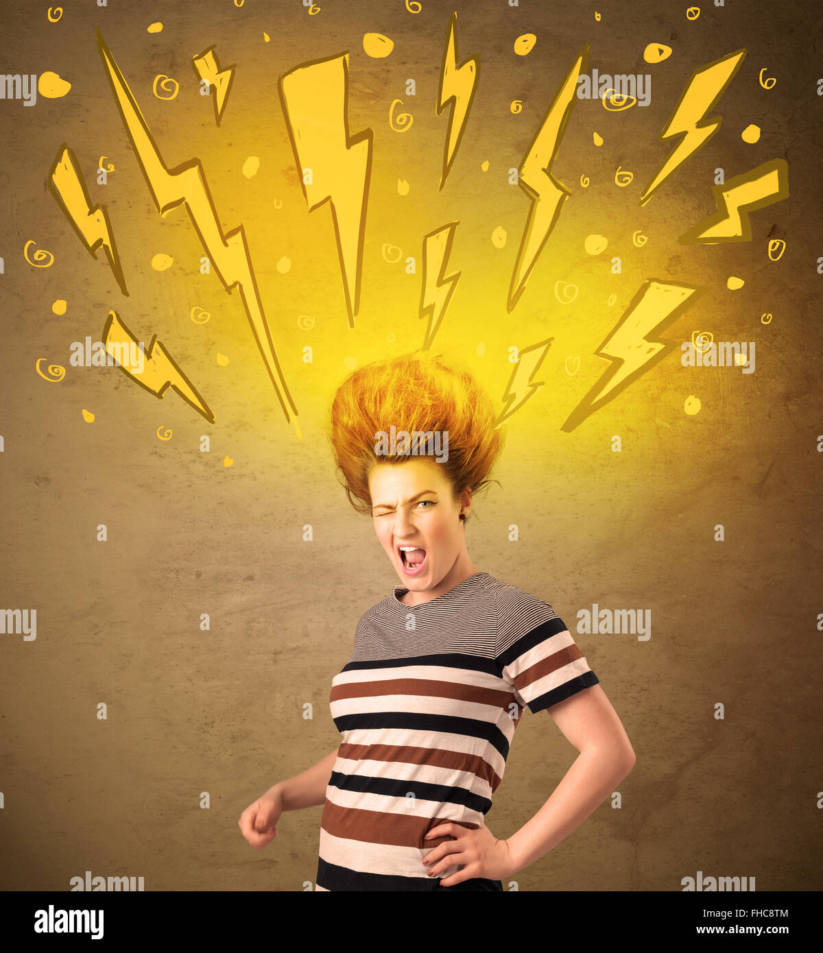 Young woman with hair style and hand drawn lightnings Stock Photo - Alamy