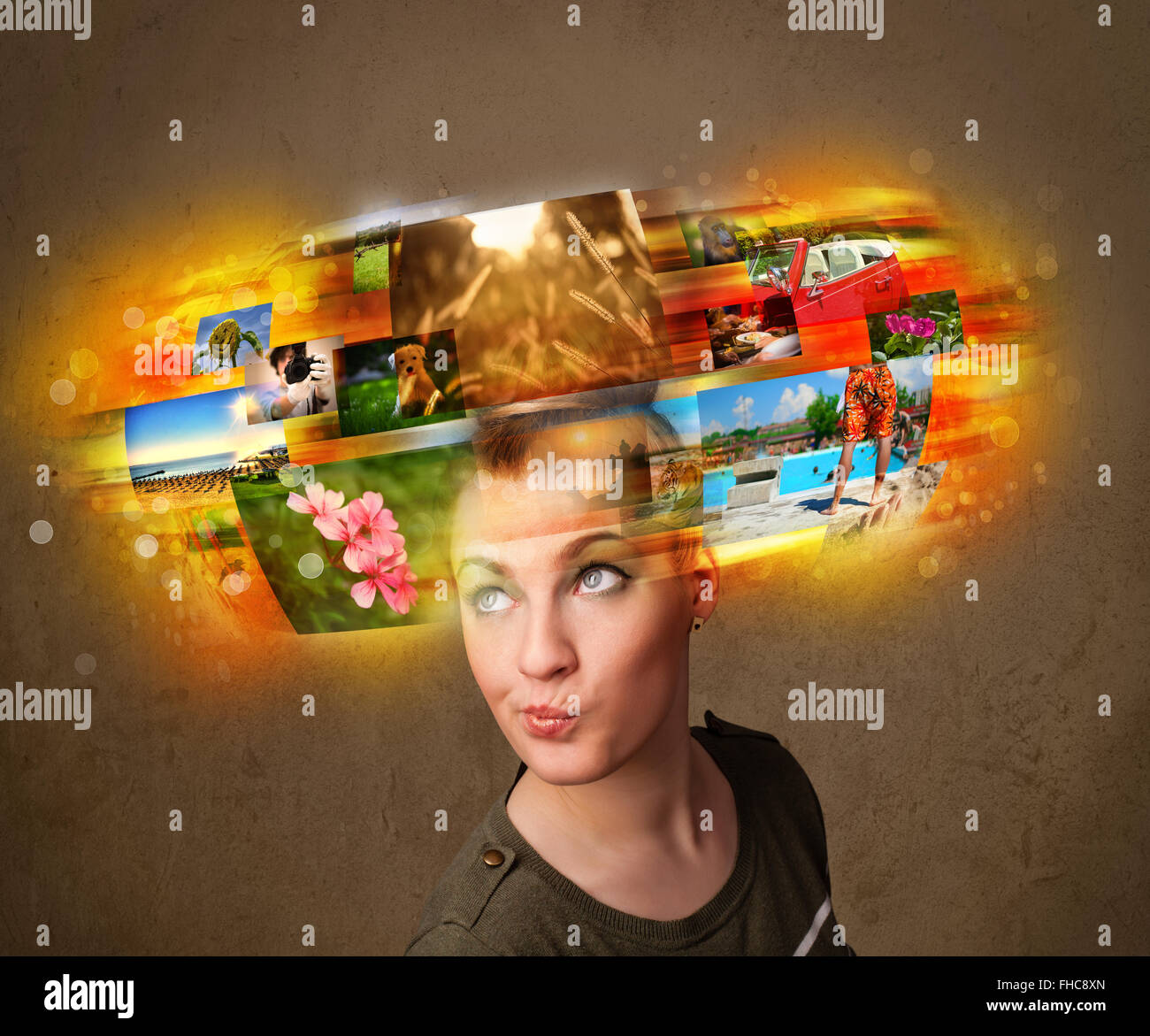 girl with colorful glowing photo memories concept Stock Photo - Alamy