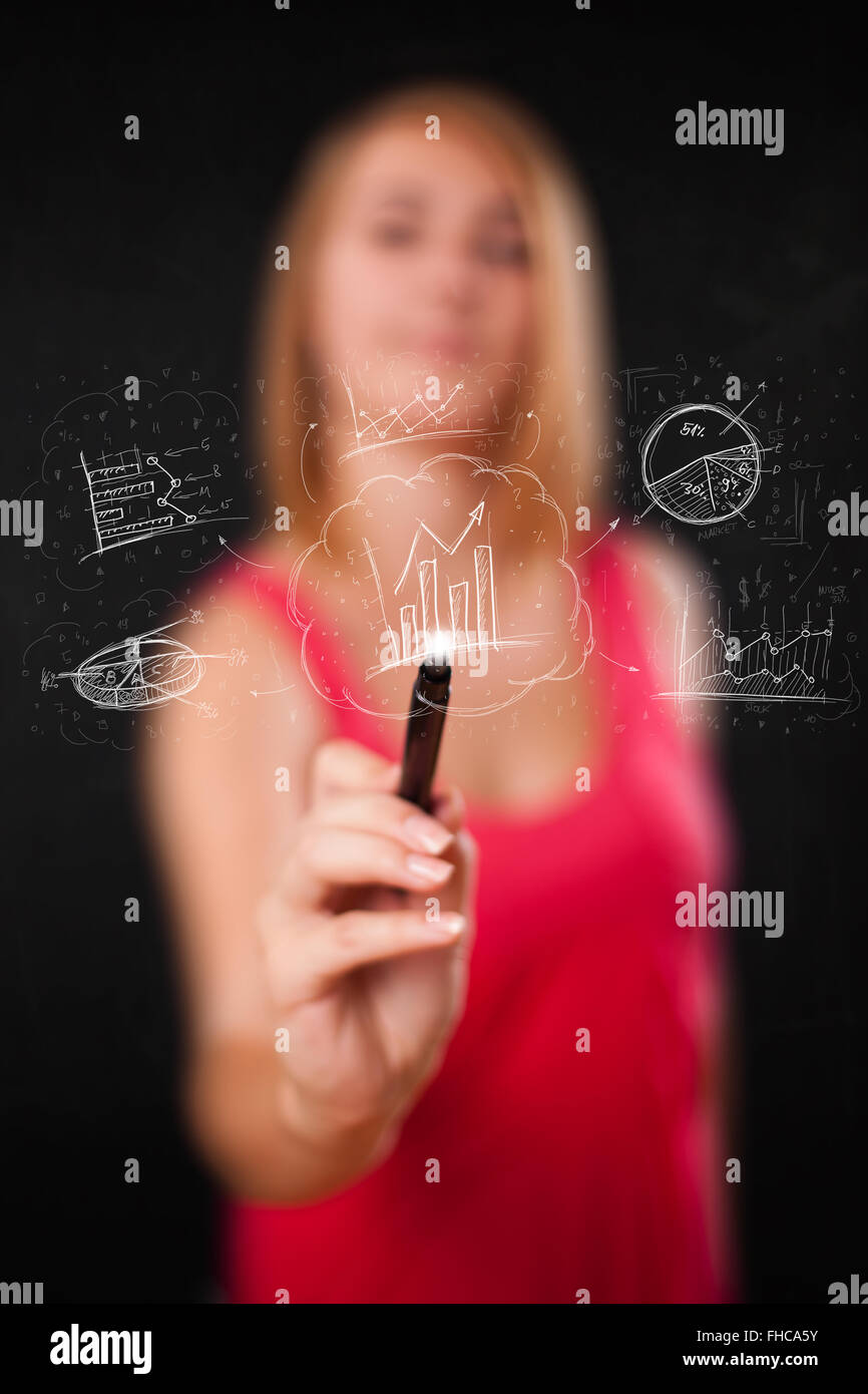 Young lady sketching financial chart icons and symbols Stock Photo - Alamy