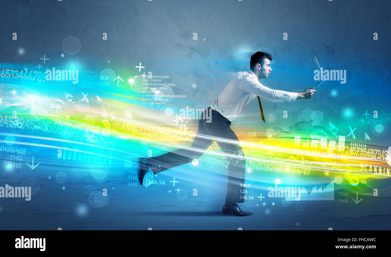 Business man running in high tech wave concept Stock Photo - Alamy