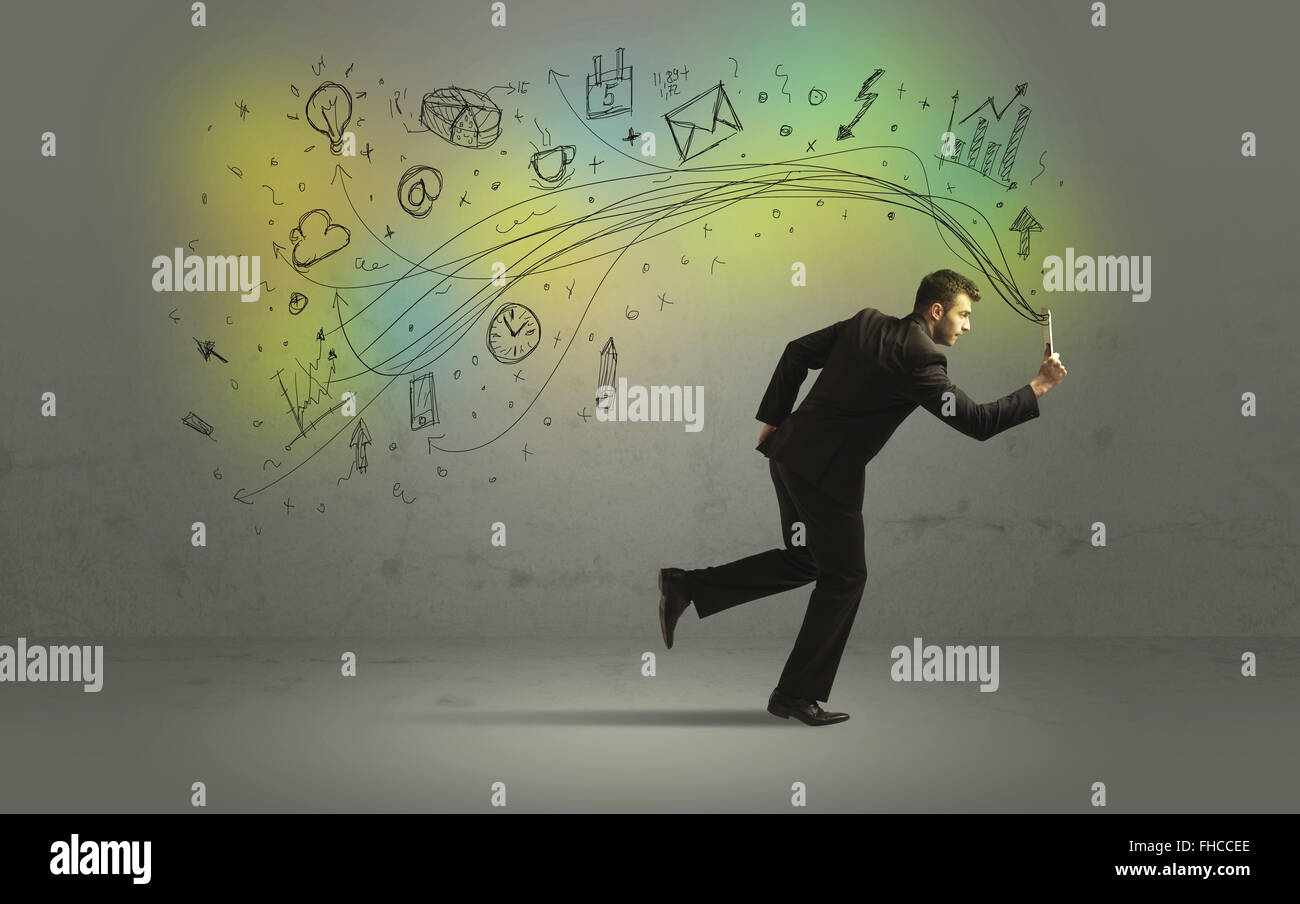 Business man in a rush with doodle media icons Stock Photo - Alamy