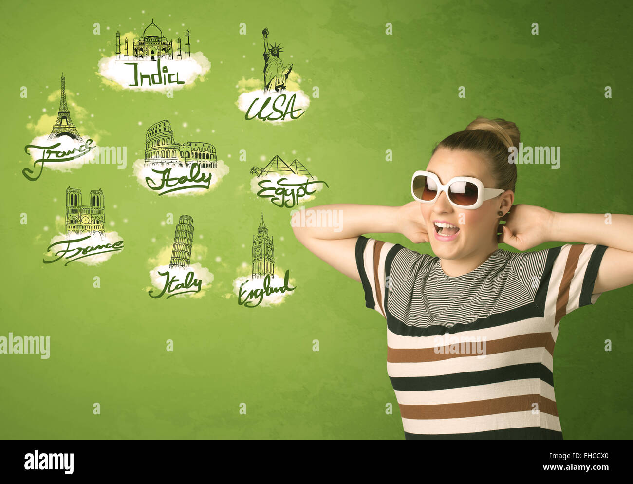 Happy young girl with sunglasses traveling to cities around the world ...