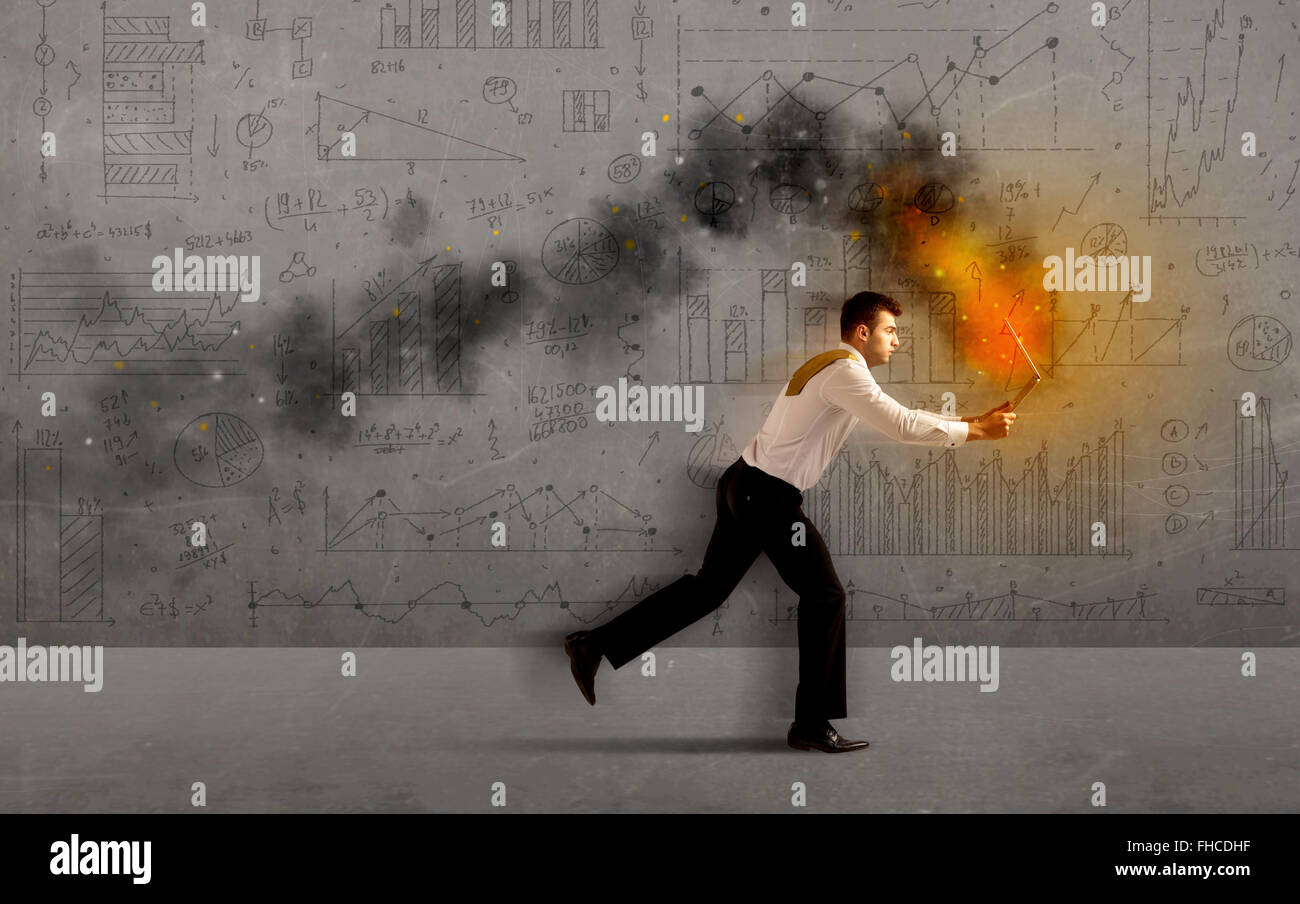 Running business man with fire laptop Stock Photo - Alamy