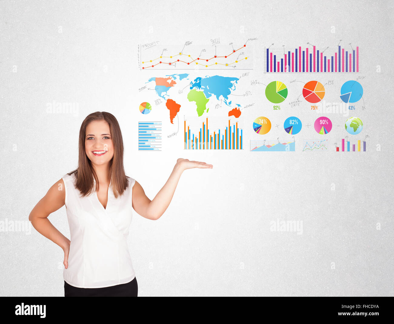 Business woman with colorful graphs and charts Stock Photo - Alamy