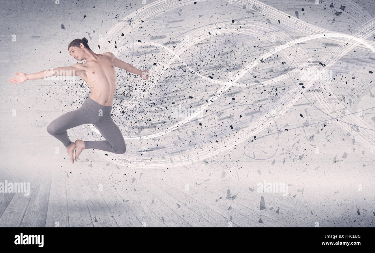Performance ballet dancer jumping with energy explosion particles Stock ...