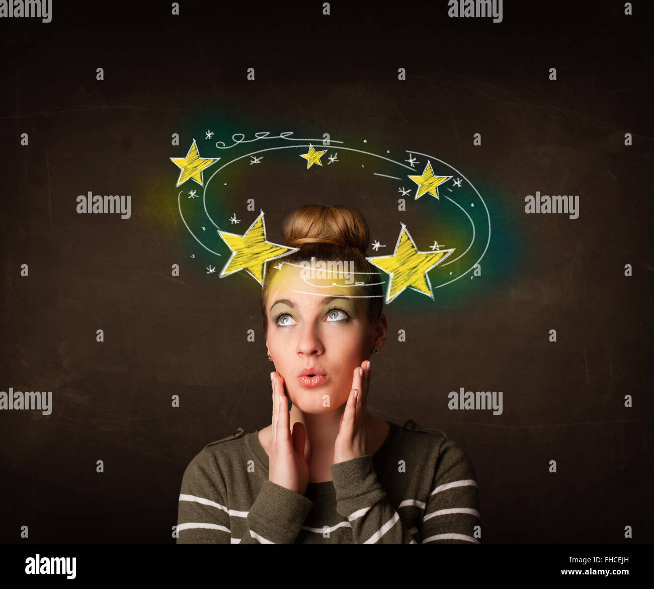 girl with yellow stars circleing around her head illustration Stock ...
