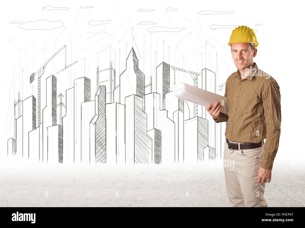 Engineer man with building city drawing in background Stock Photo - Alamy
