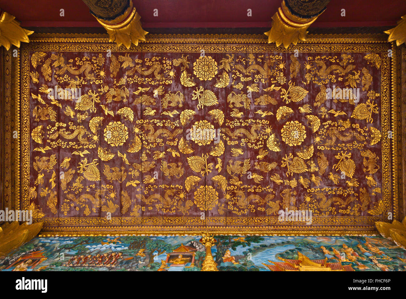 Stenciled DRAGON & PHOENIX ceiling designs on a BUDDHIST TEMPLE - LUANG ...