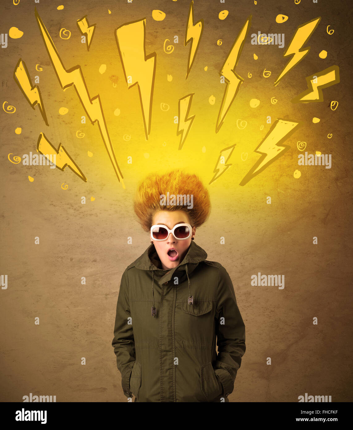 Young woman with hair style and hand drawn lightnings Stock Photo - Alamy
