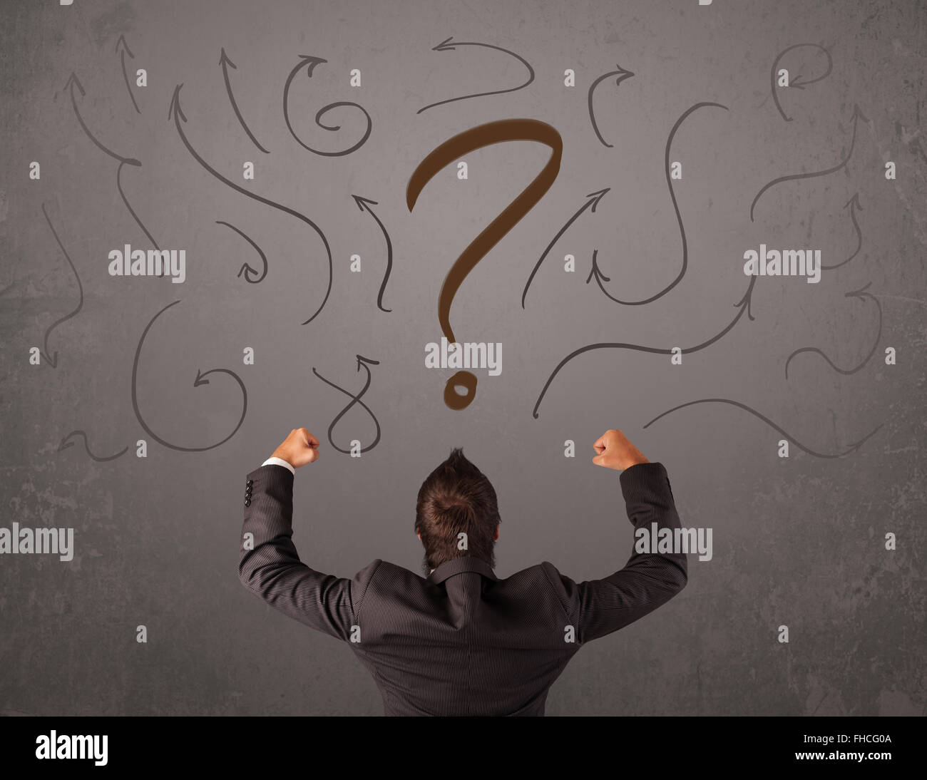Business man looking at question mark sketch Stock Photo - Alamy