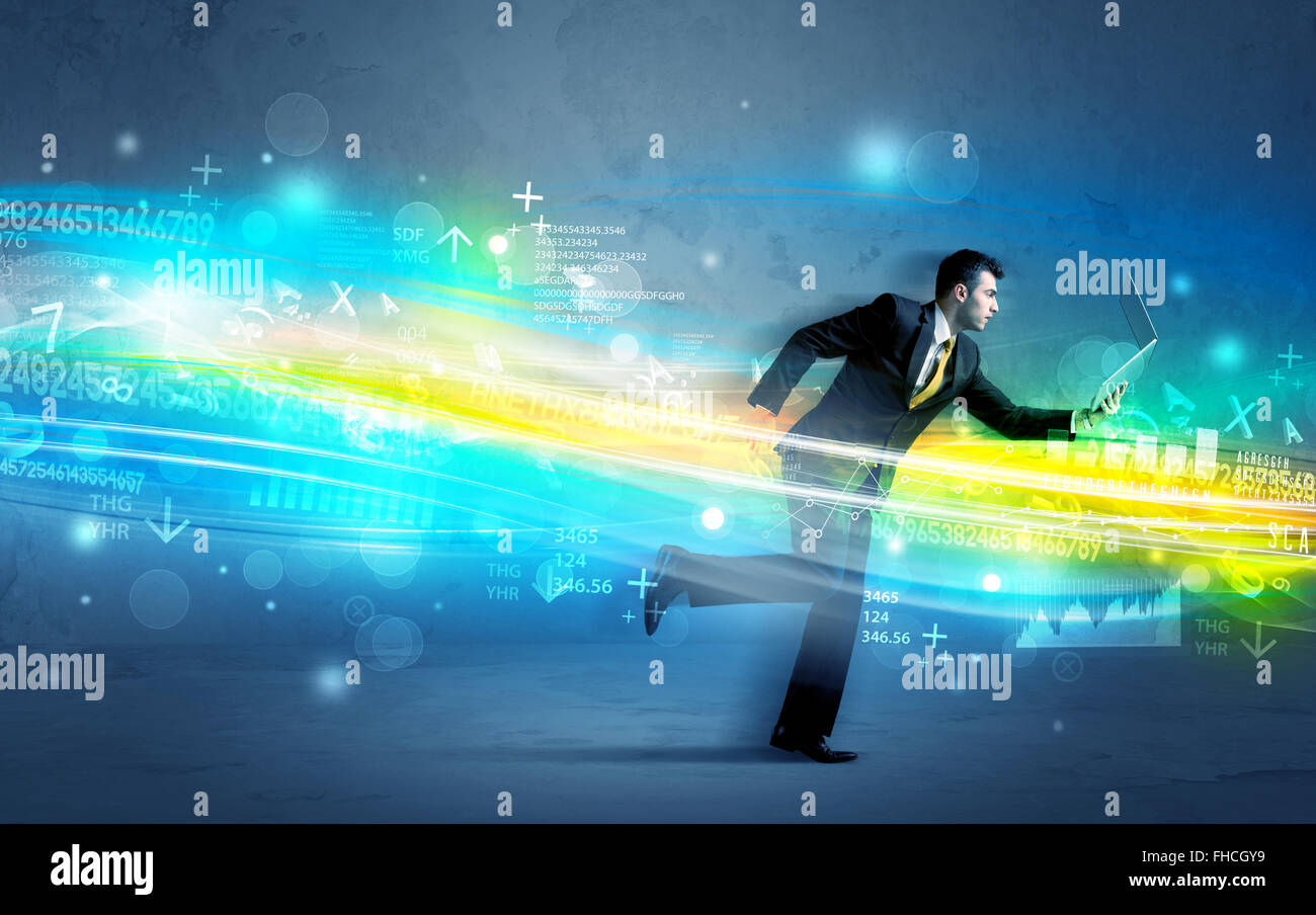 Business man running in high tech wave concept Stock Photo - Alamy