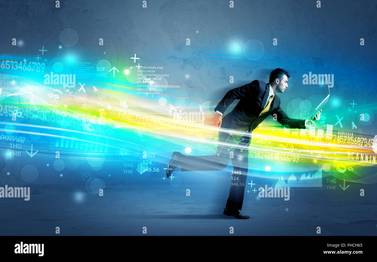 Business man running in high tech wave concept Stock Photo - Alamy