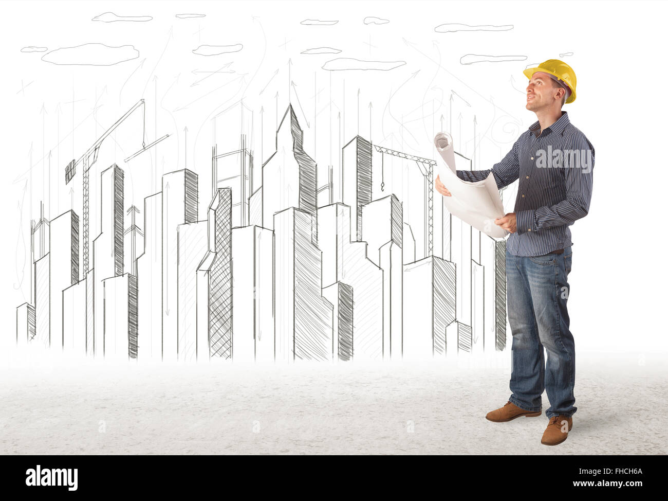 Engineer man with building city drawing in background Stock Photo - Alamy