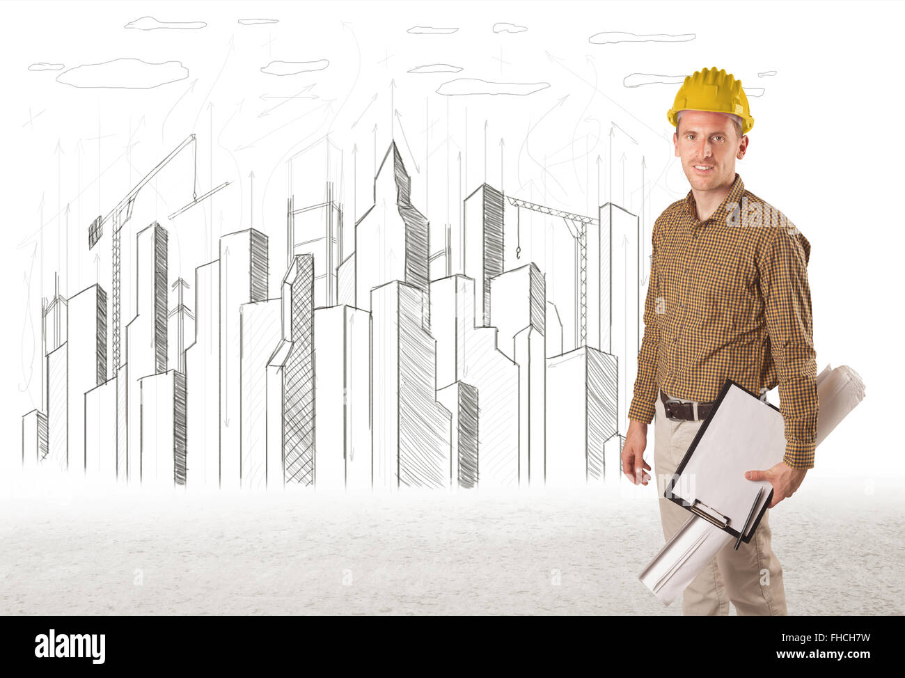 Engineer man with building city drawing in background Stock Photo - Alamy
