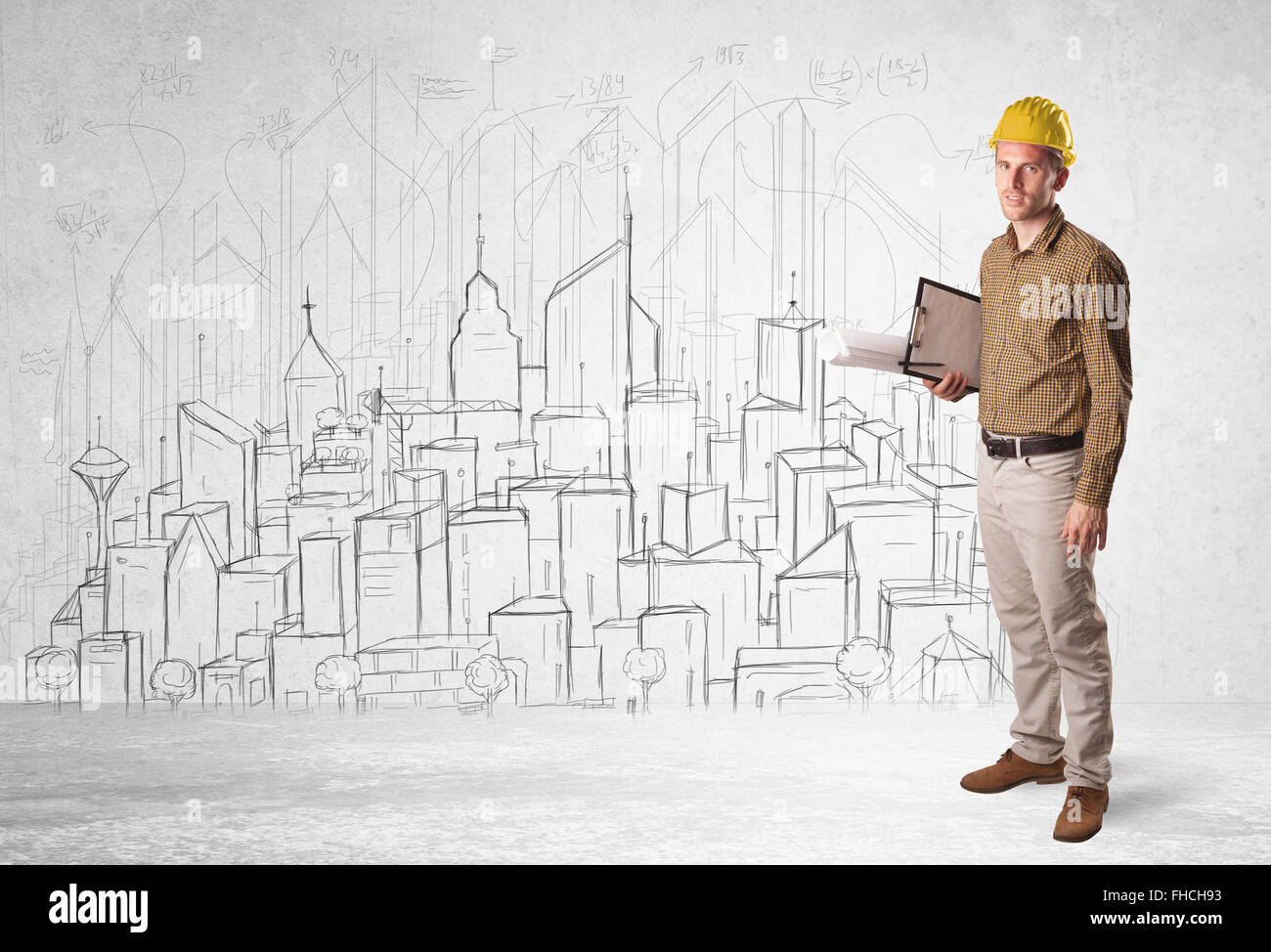 Construction worker with cityscape background Stock Photo - Alamy