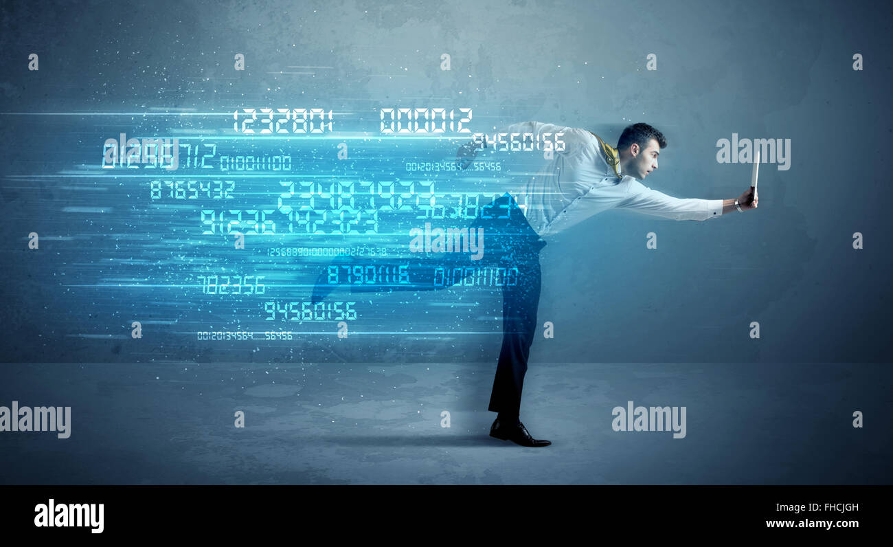 Business man running with device and data concept Stock Photo - Alamy