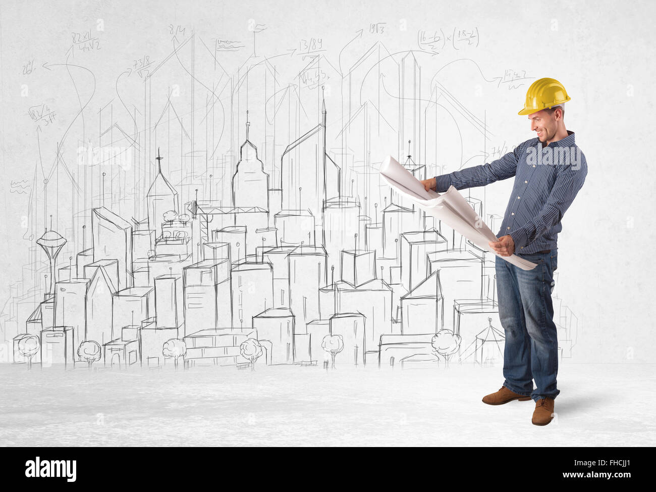 Construction worker with cityscape background Stock Photo - Alamy