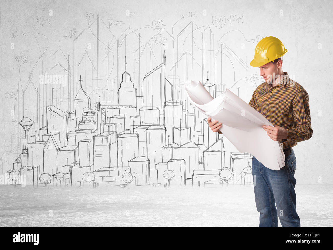 Construction worker with cityscape background Stock Photo - Alamy