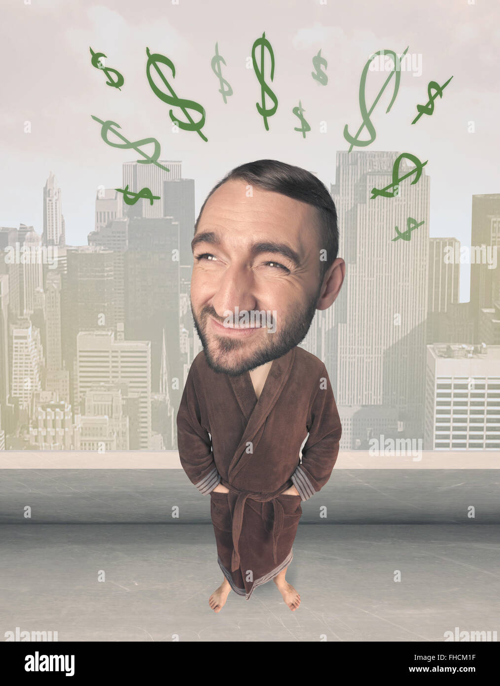 Big head person with idea dollar marks Stock Photo - Alamy
