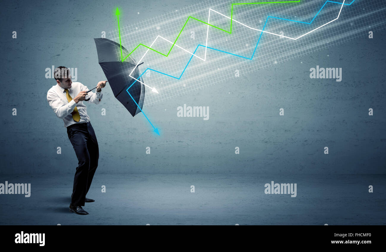 Business person with umbrella and stock market arrows concept Stock ...
