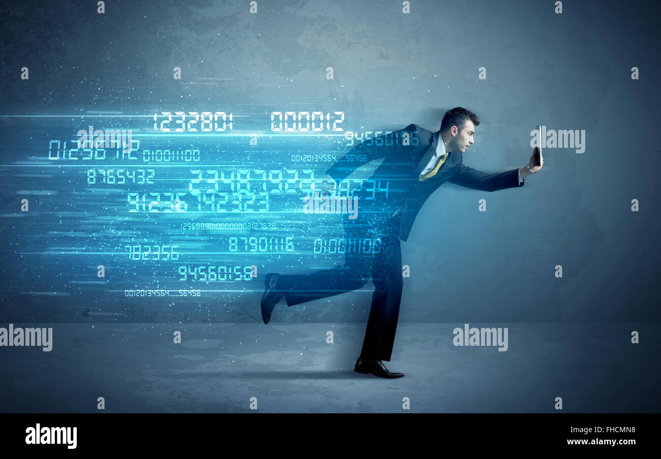 Business man running with device and data concept Stock Photo - Alamy