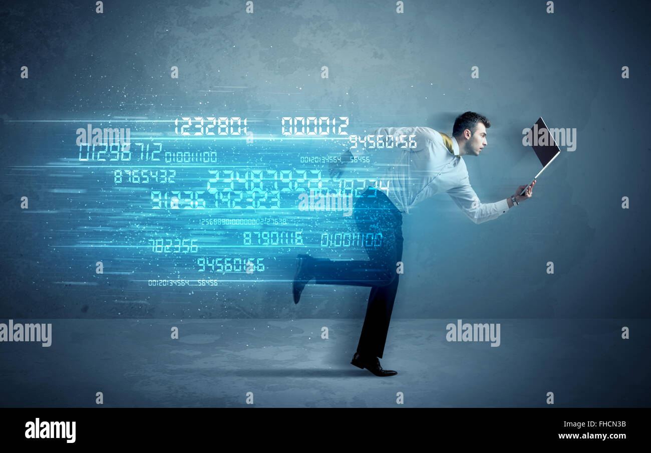 Business man running with device and data concept Stock Photo - Alamy