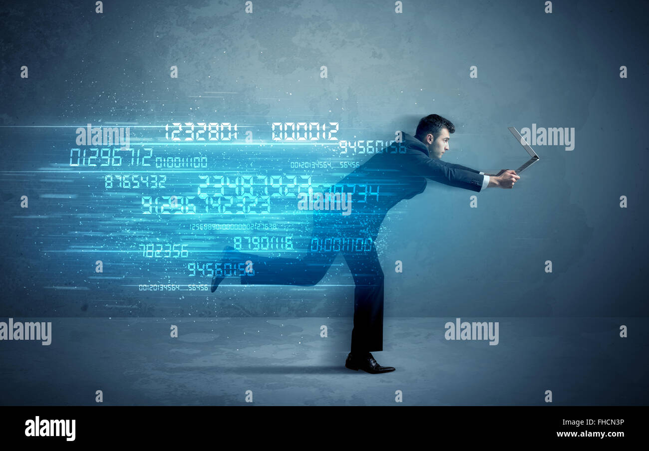 Business man running with device and data concept Stock Photo - Alamy