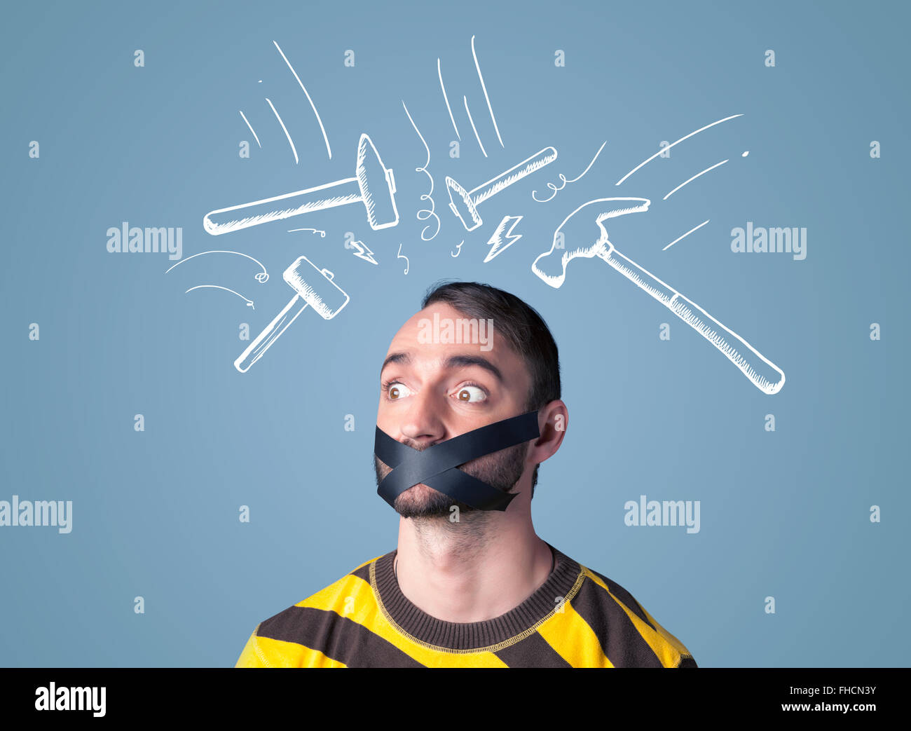 Young man with glued mouth and beating hammer marks Stock Photo - Alamy