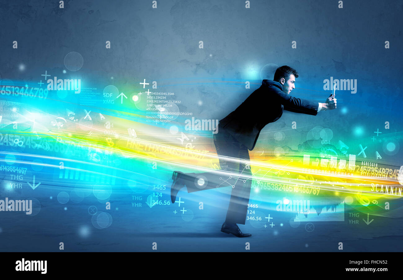 Business man running in high tech wave concept Stock Photo - Alamy