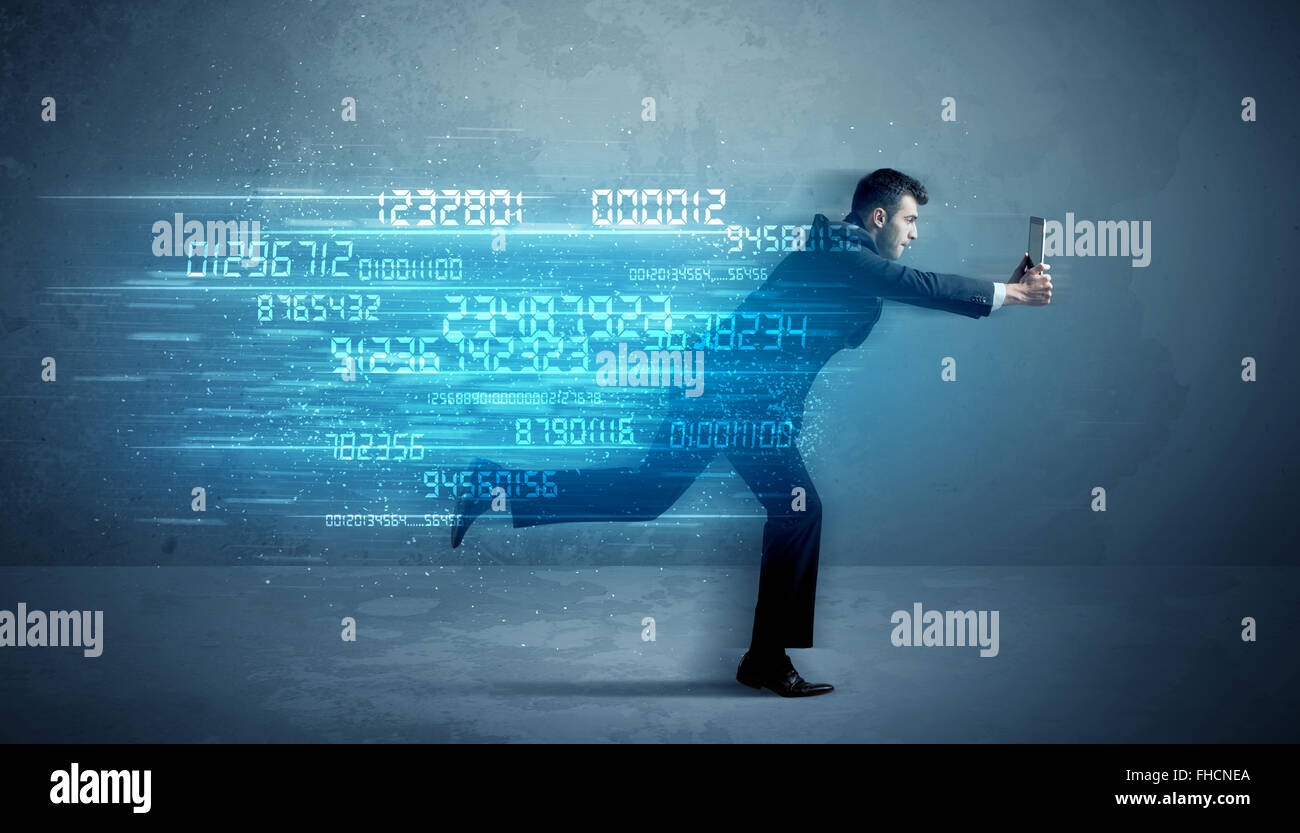 Business man running with device and data concept Stock Photo - Alamy