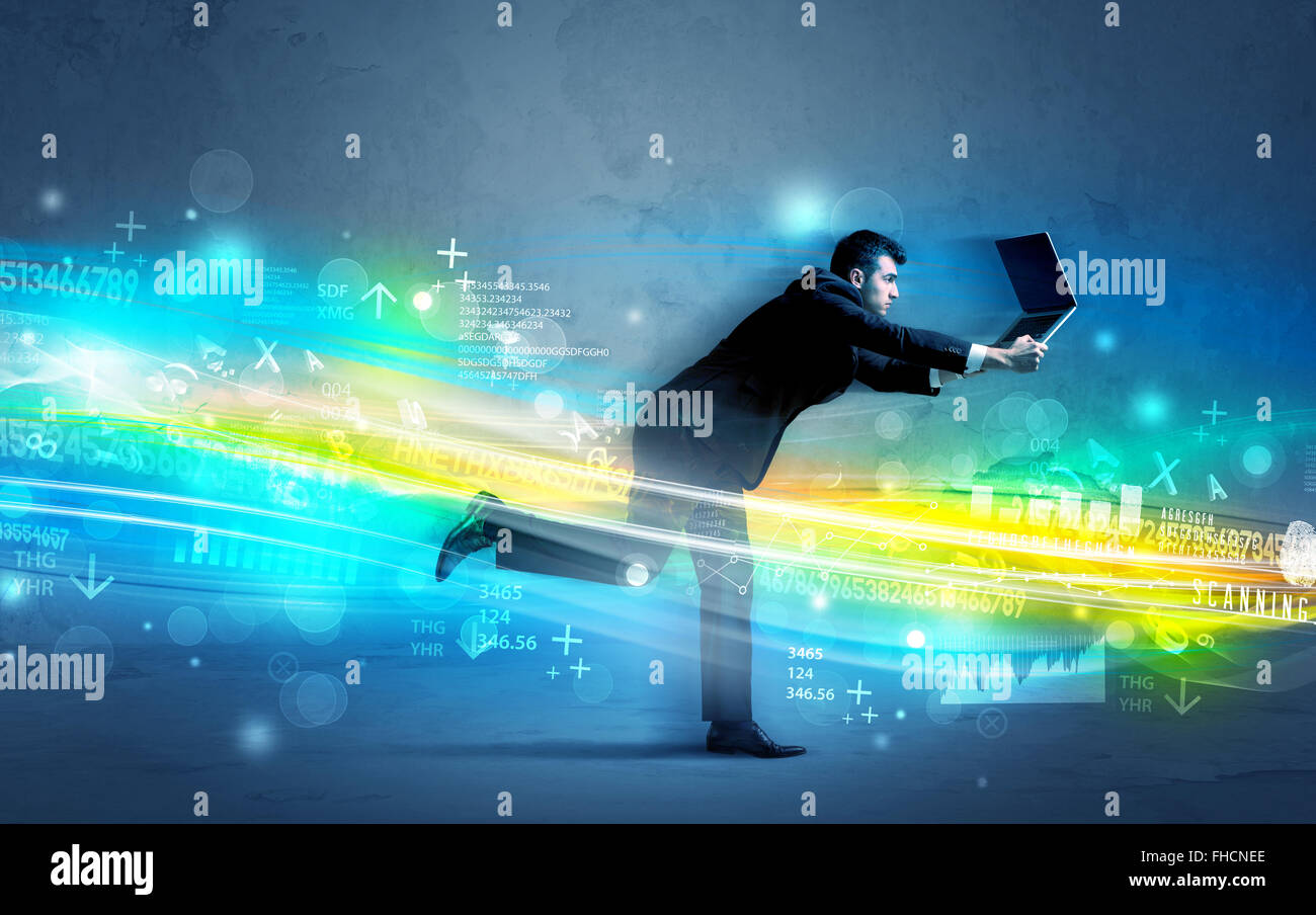 Business man running in high tech wave concept Stock Photo - Alamy