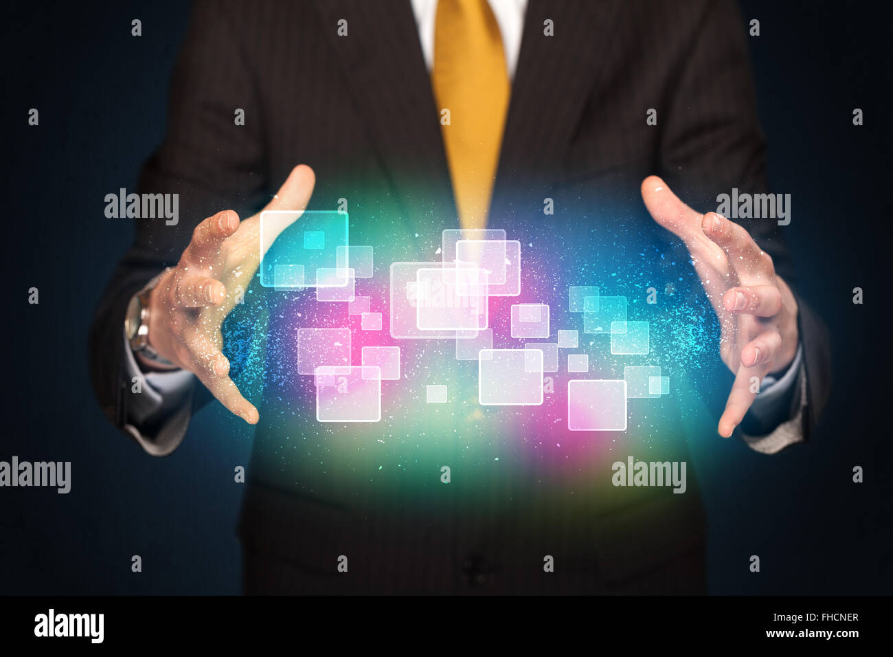 man holding abstract icons Stock Photo - Alamy