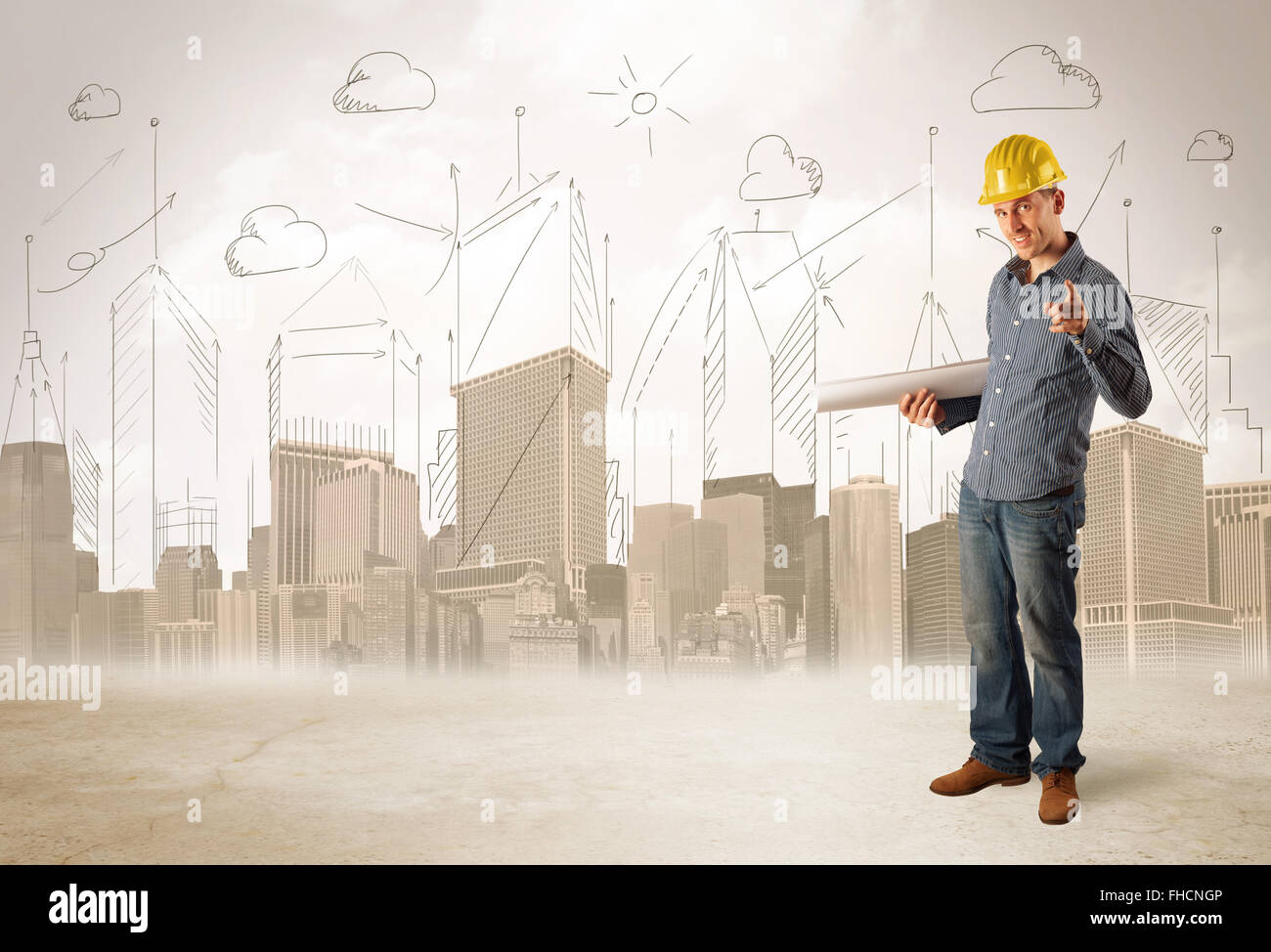 Business engineer planing at construction site with city background ...