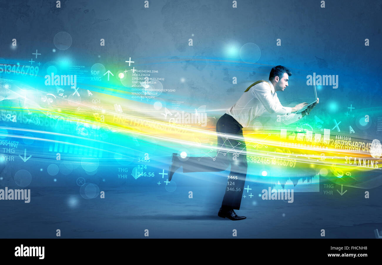 Business man running in high tech wave concept Stock Photo - Alamy