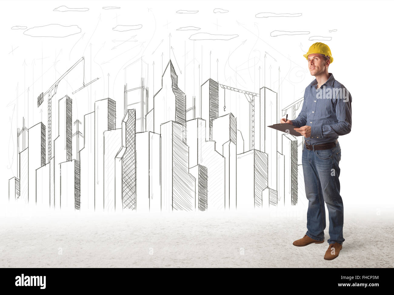 Engineer man with building city drawing in background Stock Photo - Alamy