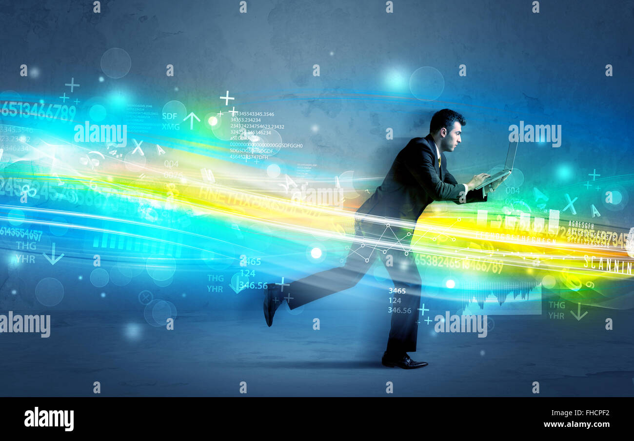 Business man running in high tech wave concept Stock Photo - Alamy