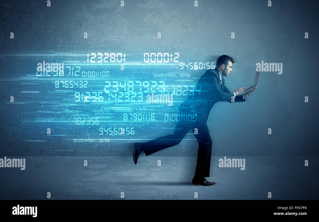 Business man running with device and data concept Stock Photo - Alamy