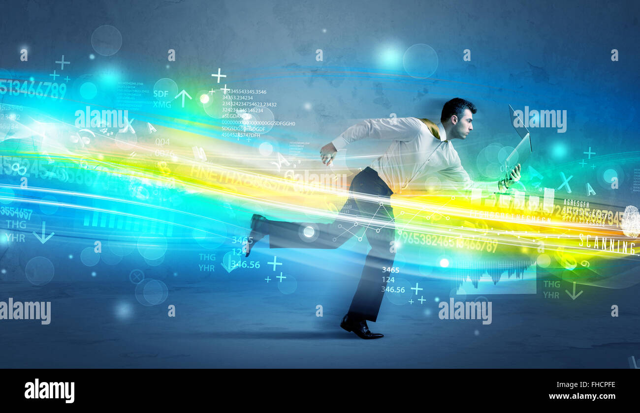 Business man running in high tech wave concept Stock Photo - Alamy