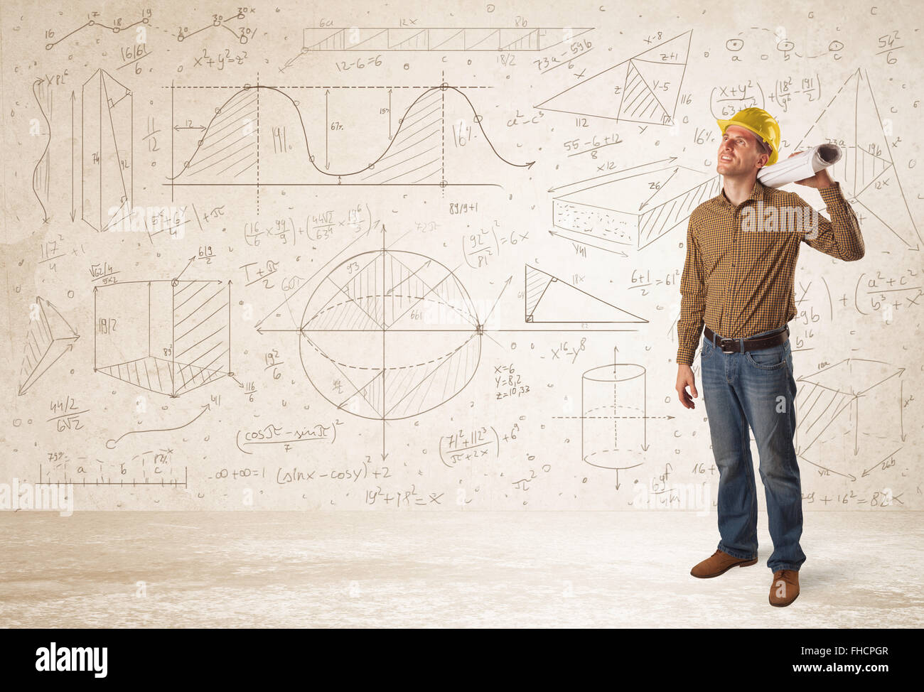 Handsome engineer calculating with hand drawn background Stock Photo ...